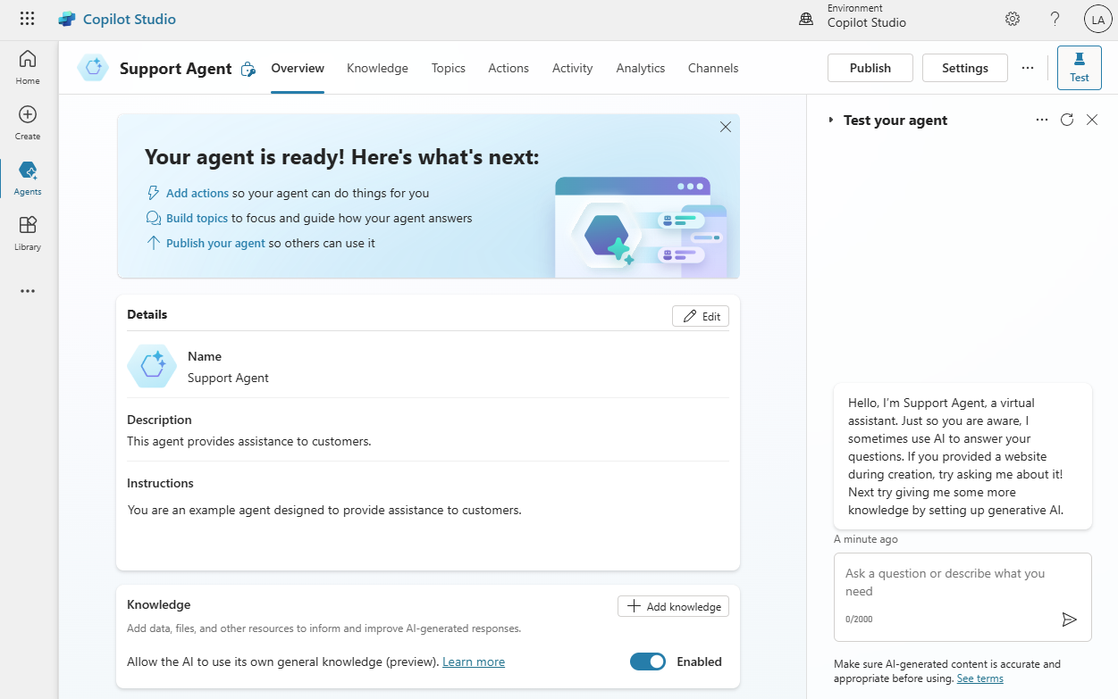 Create agents and work with the Microsoft Copilot Studio interface ...